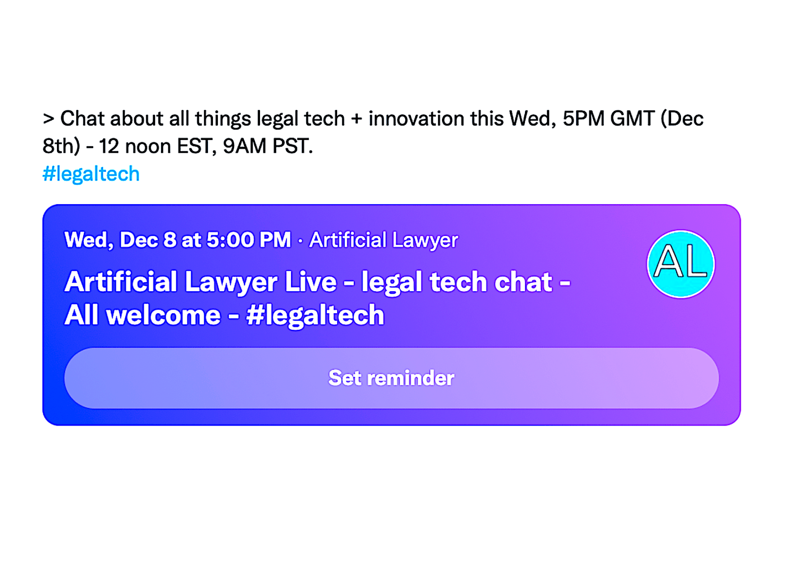 Artificial Lawyer Live 5PM GMT Today Twitter Spaces Artificial Lawyer